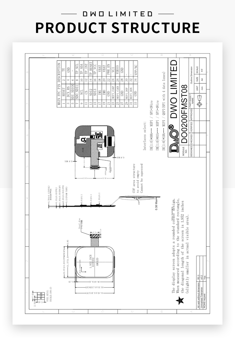 DO0200FMST08 AMOLED screen 2 inch 410*502 SPI QSPI MIPI Display Module ...